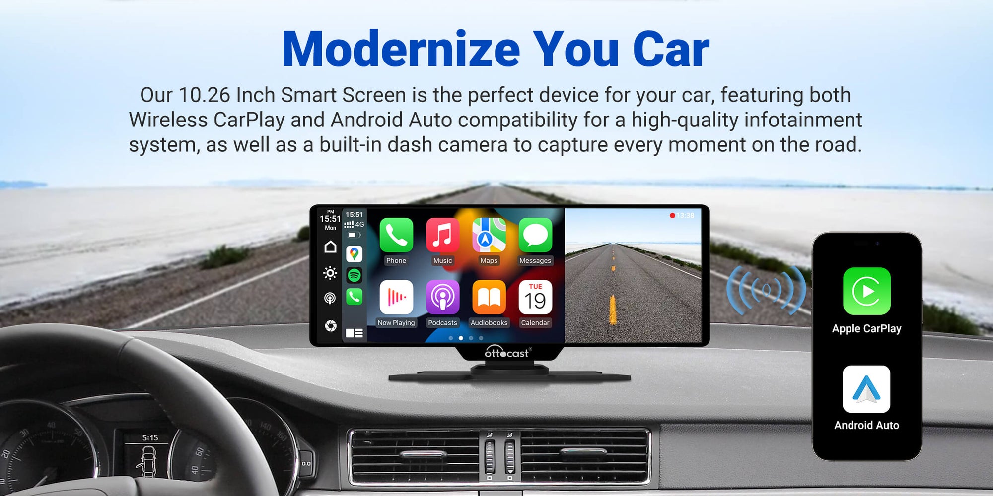 Ottoscreen Max Portable Apple Carplay & Android Auto Screen For Car wi ...