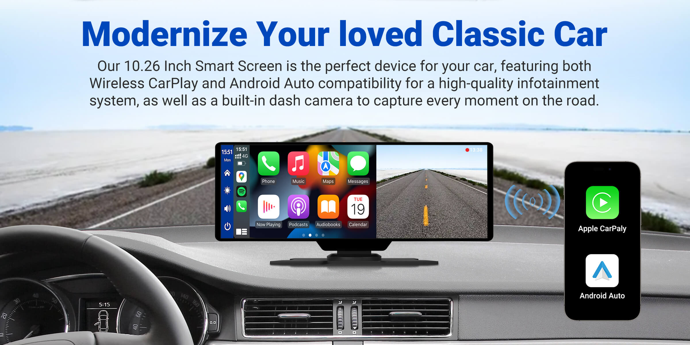 Portable Apple Carplay & Android Auto Screen For Car with 2.5K Dash Ca ...